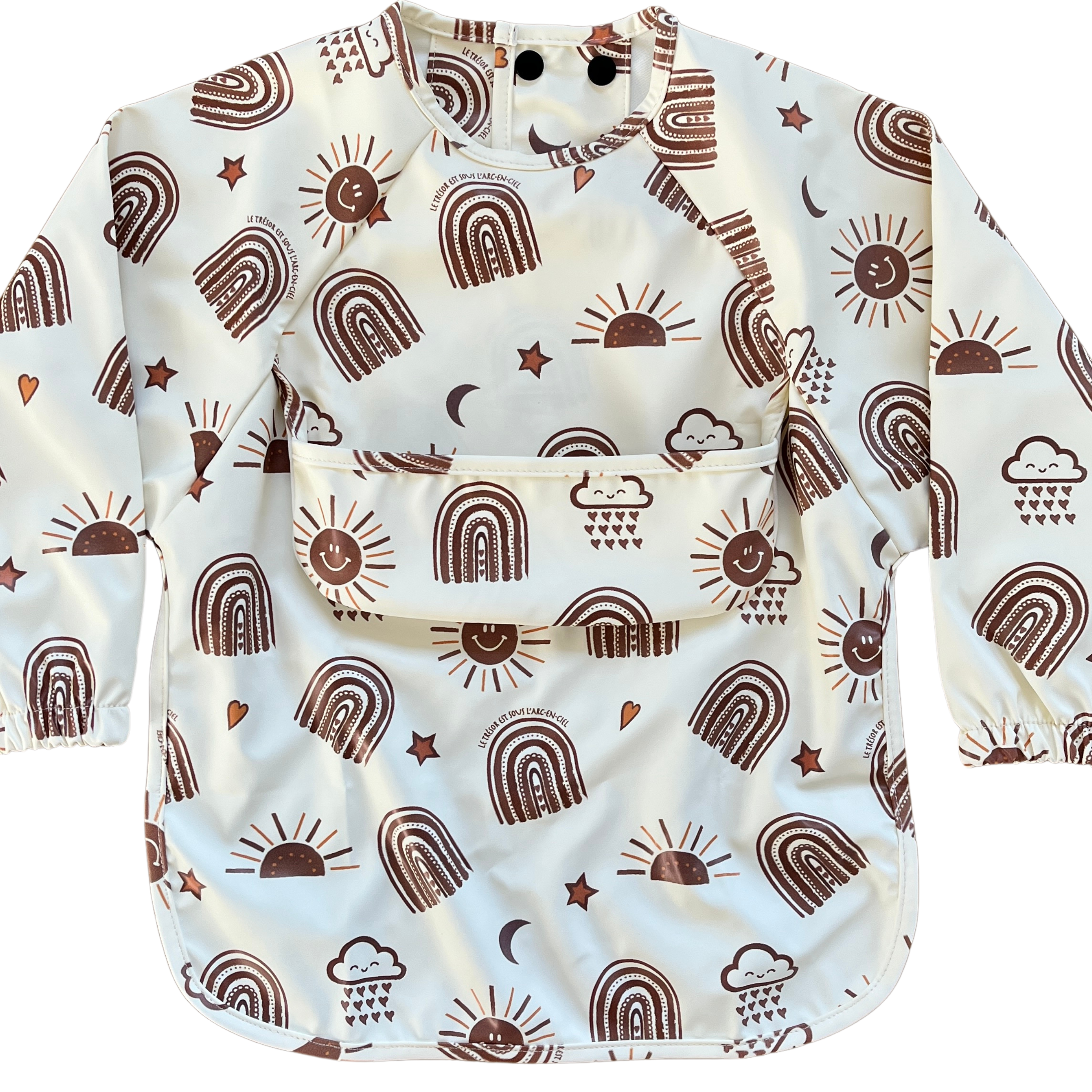 Long-sleeved waterproof bib with pocket: Radiant Sun BOHO (cream backg ...