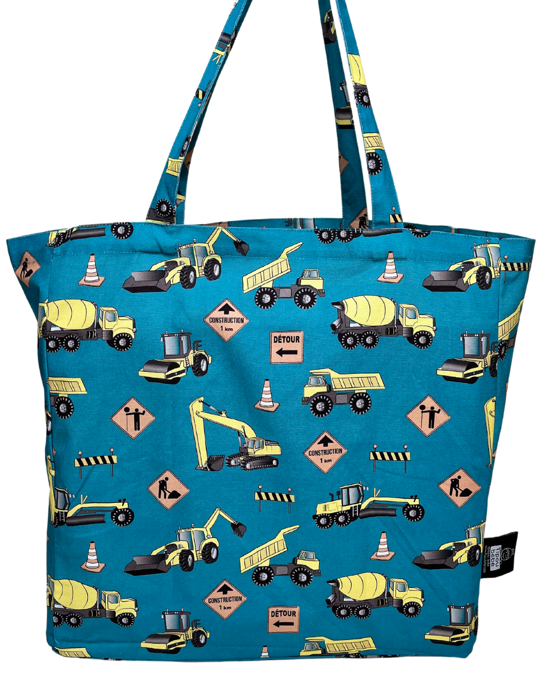 Illustrated Reusable Bag:Construction Trucks (Teal Background) – Tipou bébé